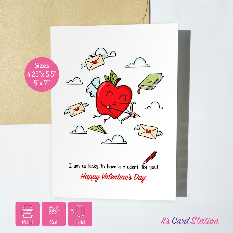 Printable Teacher to Student Valentine's Day Card, Cute Heart Apple ...