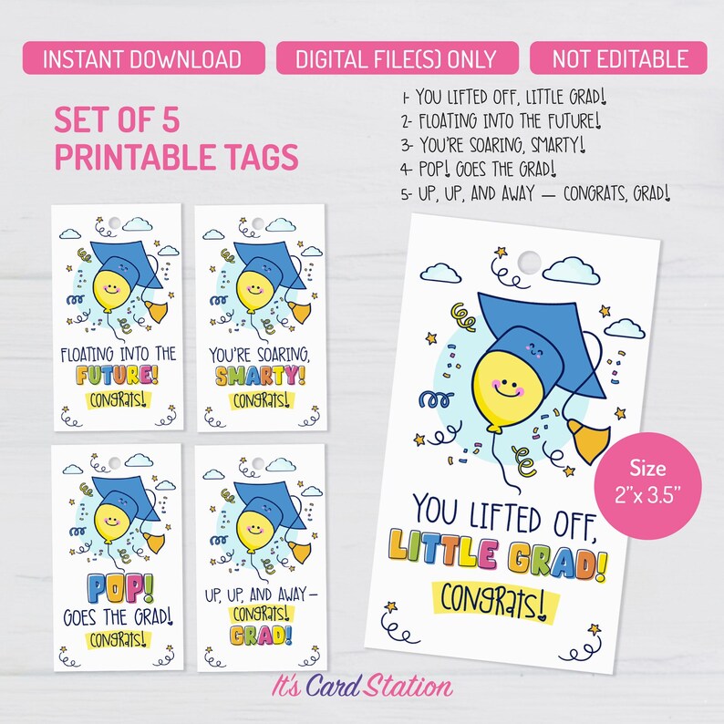 Printable Graduation Gift Tags, Balloon Grad Favor, Set of 5 (digital ...
