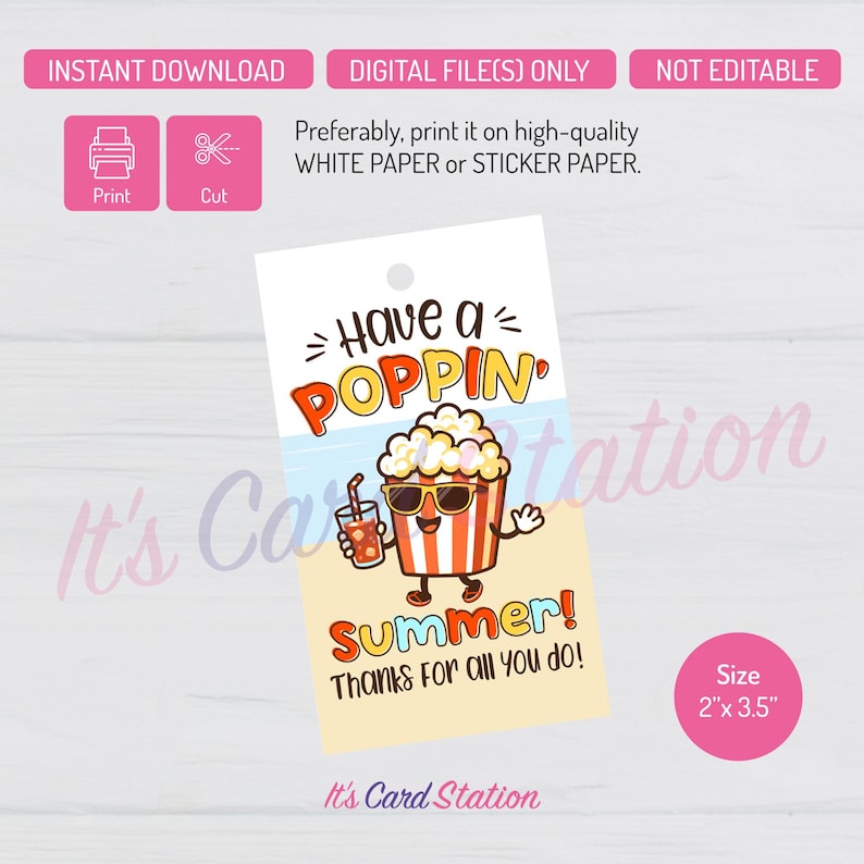 Poppin' Summer Popcorn Gift Tag: Teacher & Staff Appreciation (digital ...