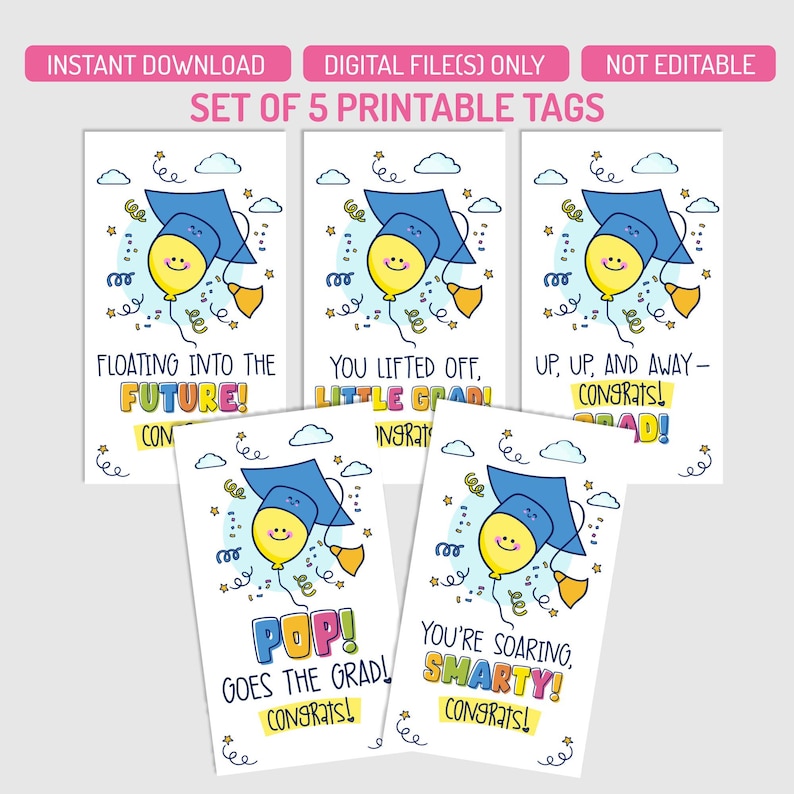 Printable Graduation Gift Tags, Balloon Grad Favor, Set of 5 (digital ...