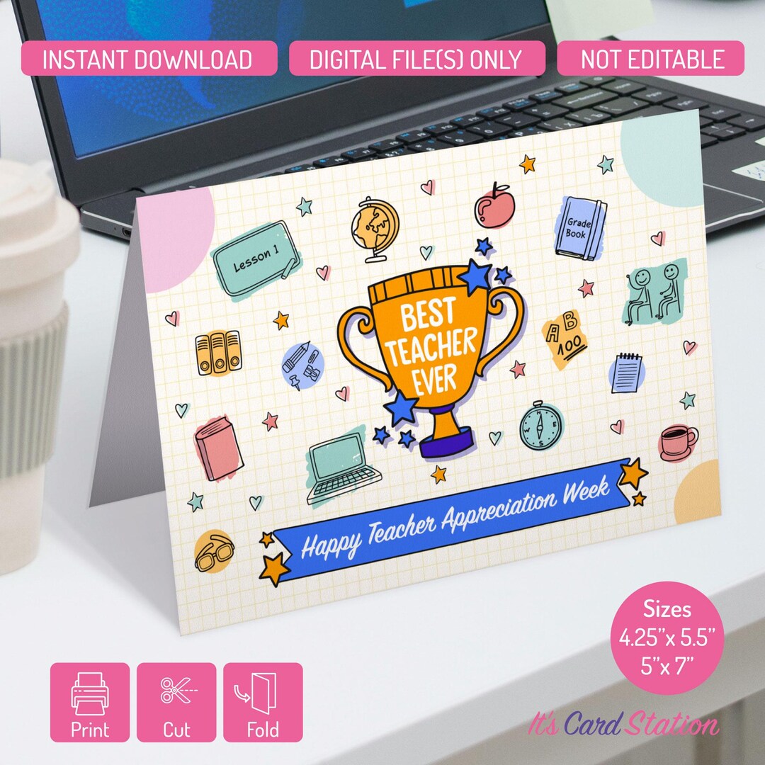 Best Teacher Ever Card Printable, Teacher Appreciation Card, Thank You ...