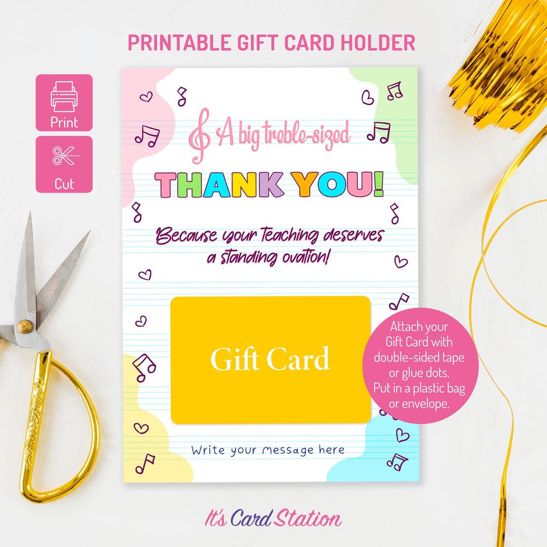Music Teacher Thank You Card: Treble Clef Gift Card Holder (digital ...