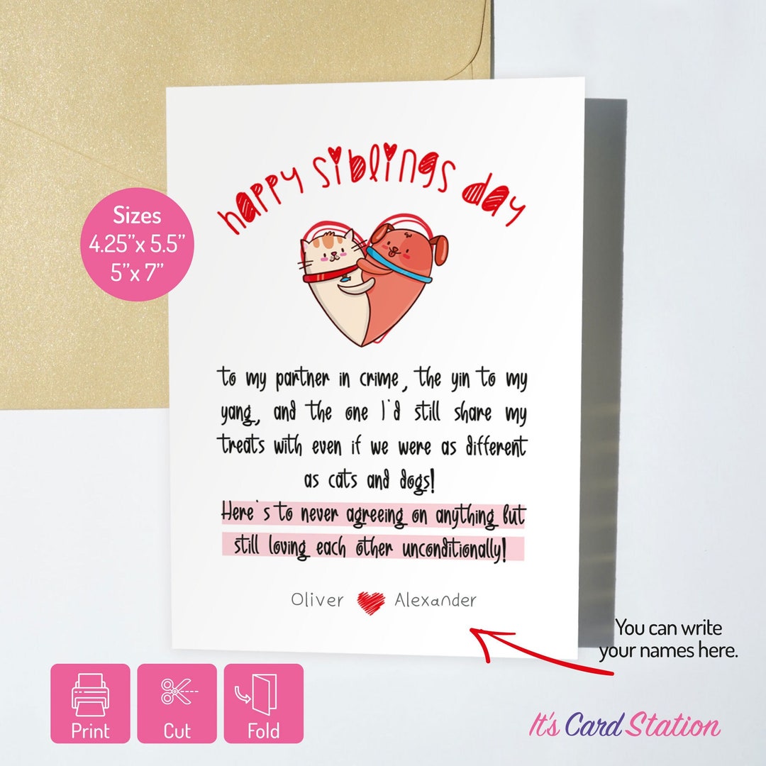 Cute Happy Siblings Day Card Printable Sibling Card for Brother / for ...