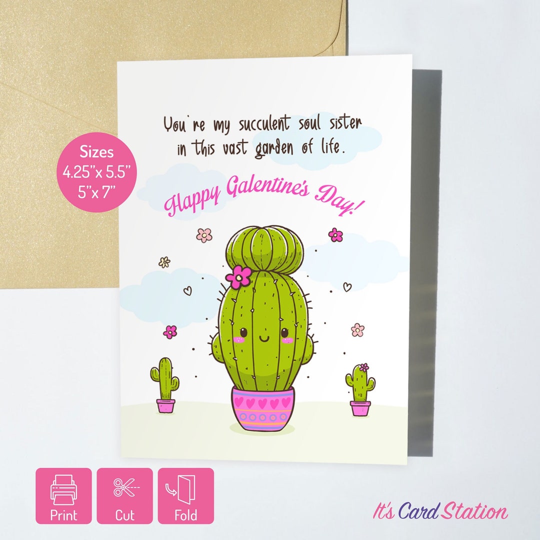Printable Cute Cactus Galentine's Day Card Cute Valentine's Day Cards ...
