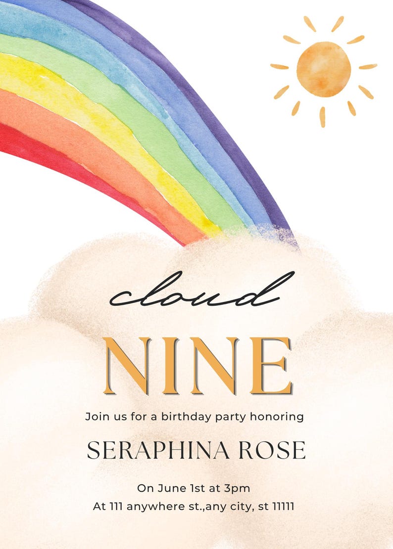 Editable Cloud Nine Birthday Invitation, Rainbow Birthday Invite ...