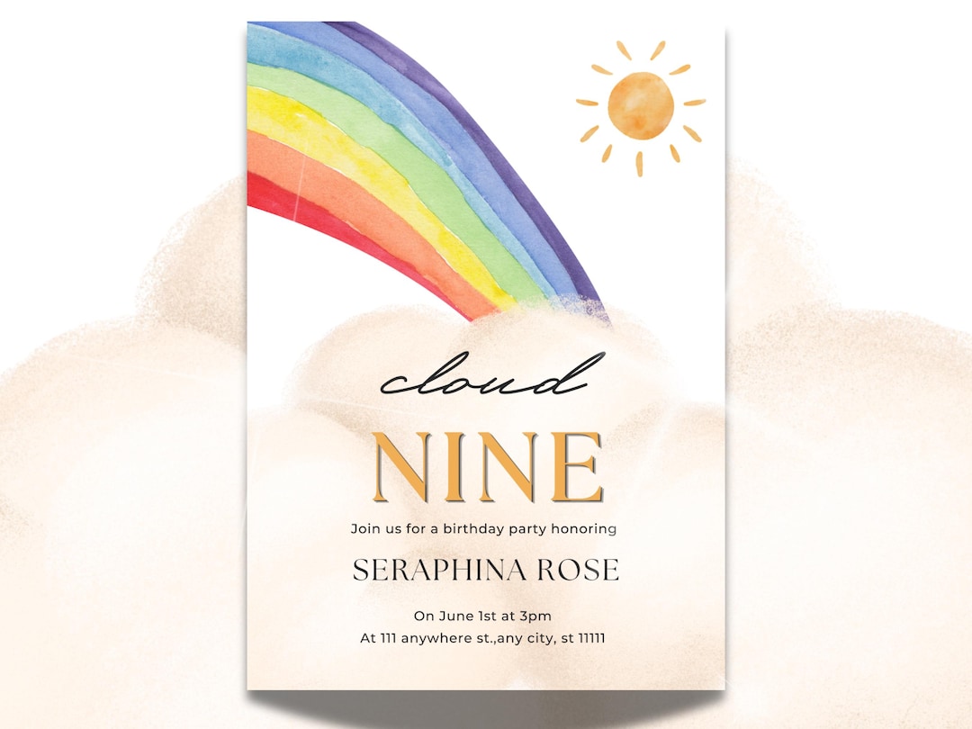 Editable Cloud Nine Birthday Invitation, Rainbow Birthday Invite ...