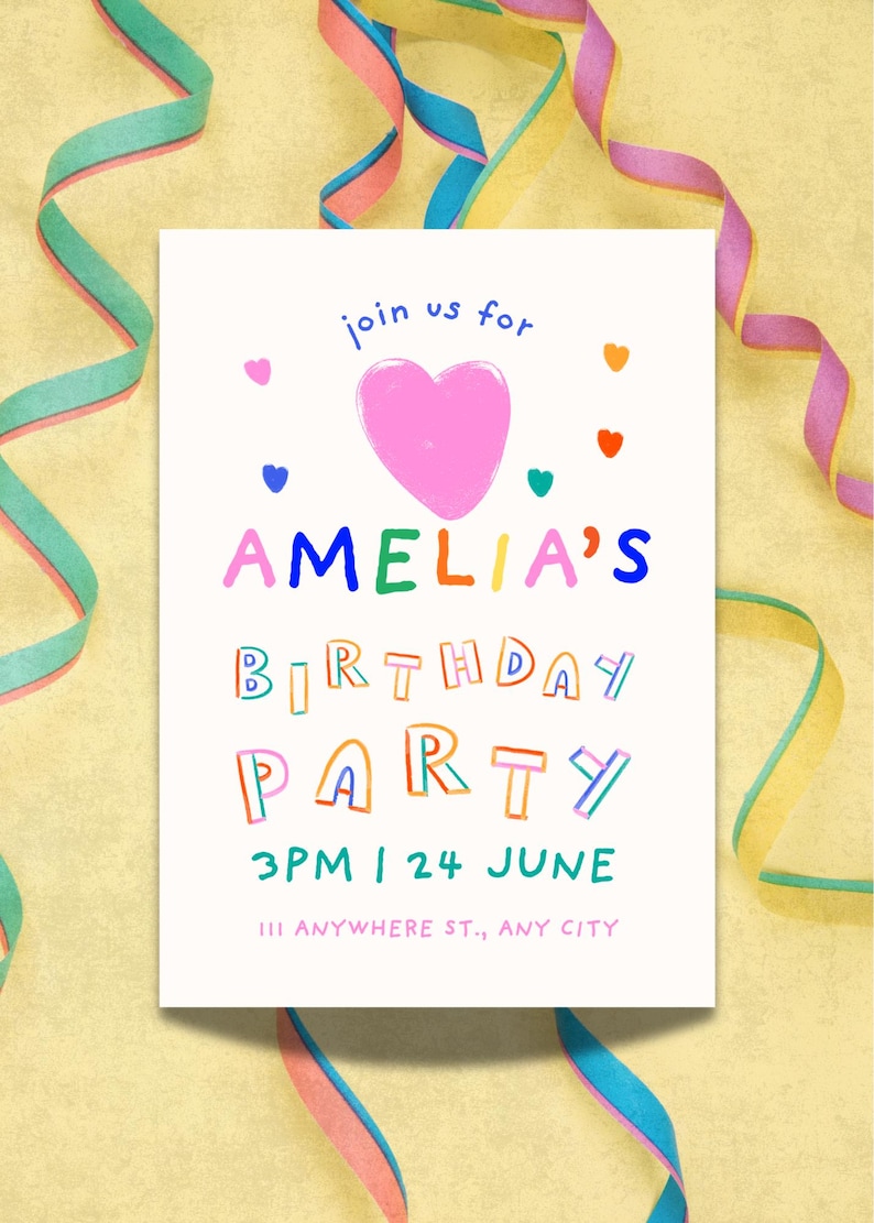 Hand Drawn Kids Birthday Invitation, Colorful Modern Party Invite ...