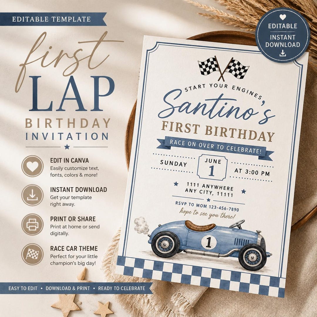 First Lap Party Bundle, Race Car Birthday Package, Editable Canva ...