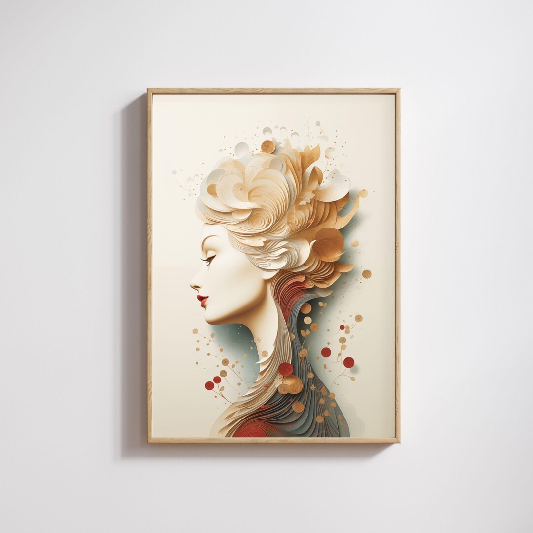 Layered Paper Cut Woman Portrait | Gold Botanical Floral Art | Digital ...