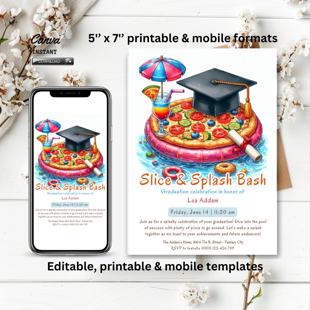 Editable Pizza Pool Party Invitation Template, Cookout Bash, Graduation ...