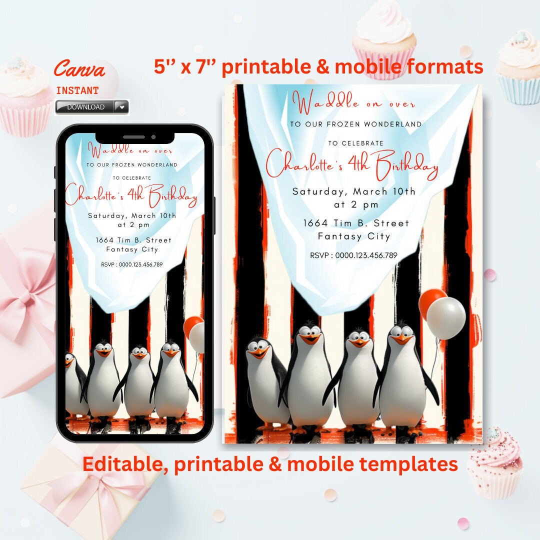Editable Penguin Birthday Invitation Template, Printable Editable ...