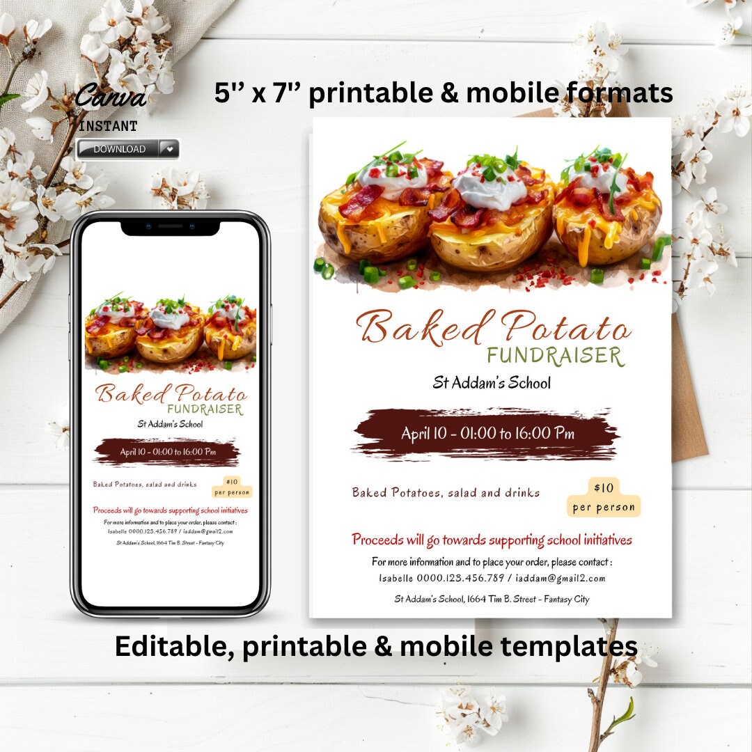 Editable Baked Potato Fundraiser Flyer, School Event Invite, Charity ...