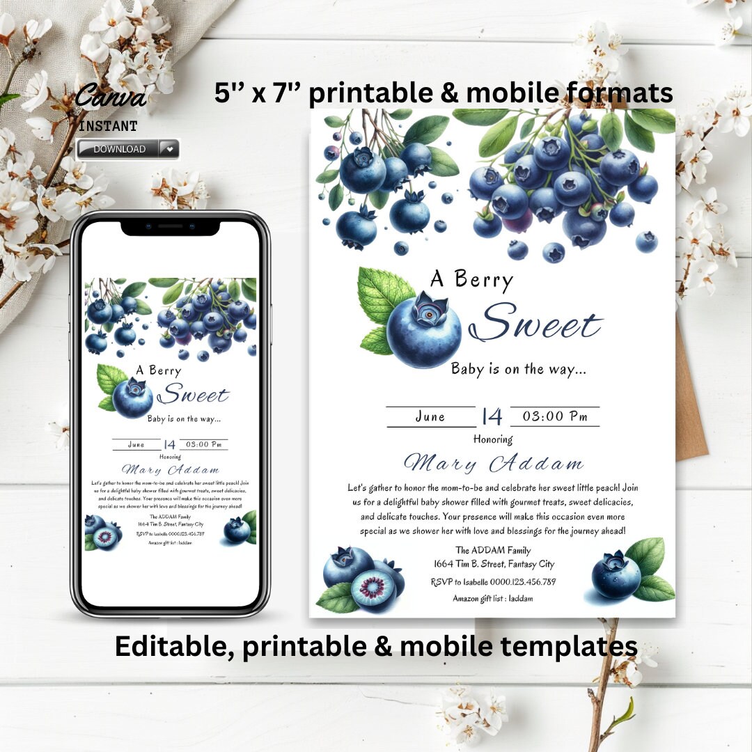 Editable Sweet Little Blueberry Baby Shower Invitation Template ...