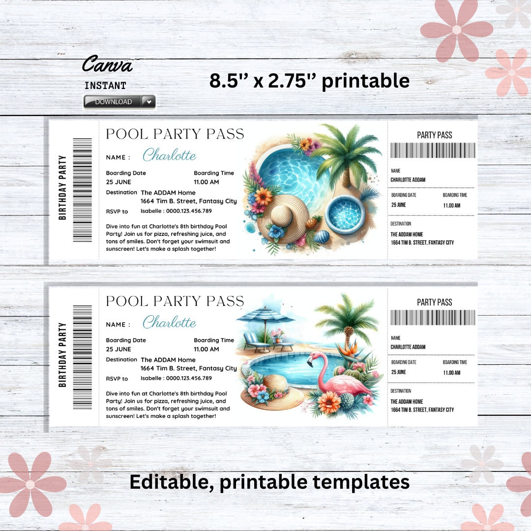 Editable Pool Party Pass Ticket Invitation Template, Birthday Bash ...