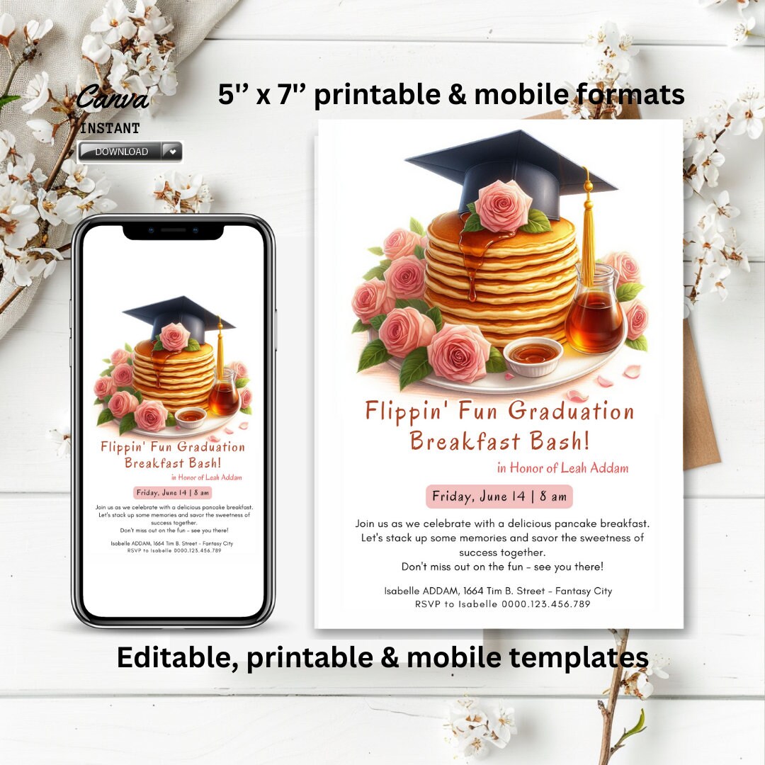 Editable Graduation Party Invitation Template, Pancakes Breakfast Bash ...