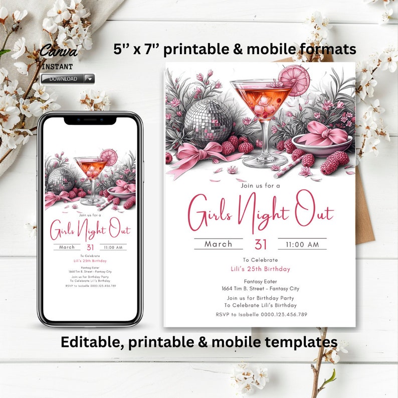 Editable Birthday Party Invitation Template, Girls Night Out Invite ...
