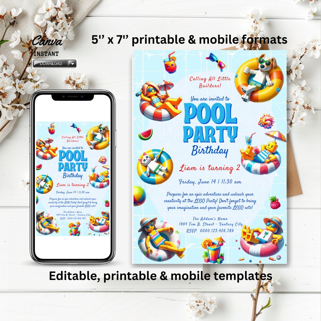 Editable LEGO Pool Party Invitation Template, Epic Adventure Evite ...