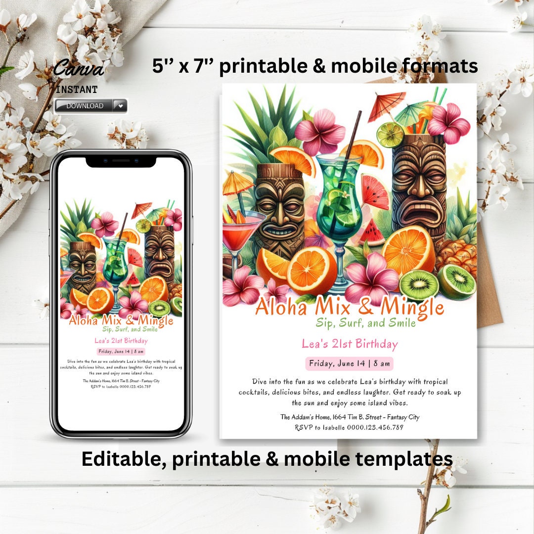 Editable Aloha Party Invitation Template, Birthday Pool Bash, Hawaiian ...