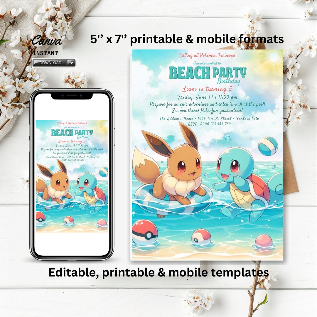 Editable POKEMON Beach Party Invitation Template, Epic Adventure Evite ...