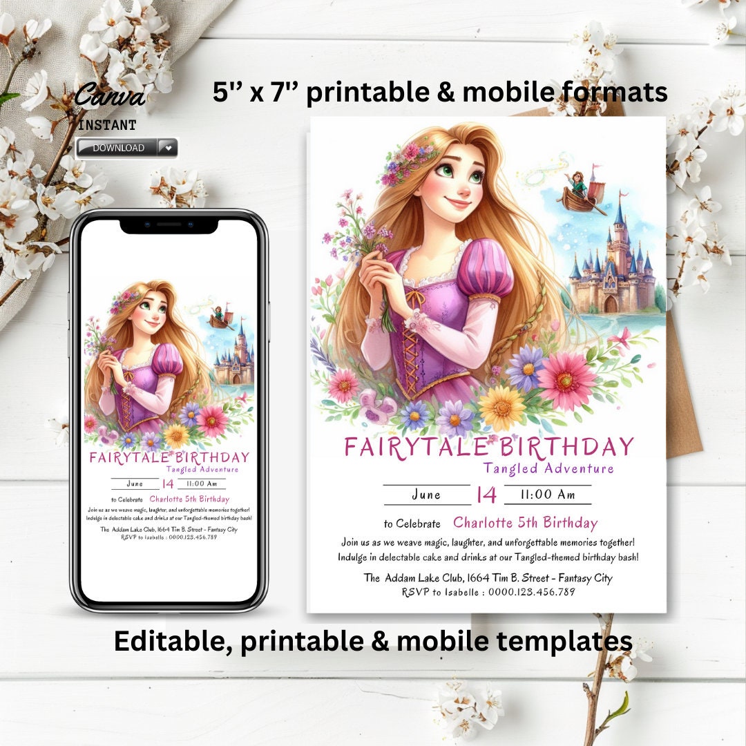 Editable Rapunzel Party Invitation Template, Fairytale Birthday Party ...