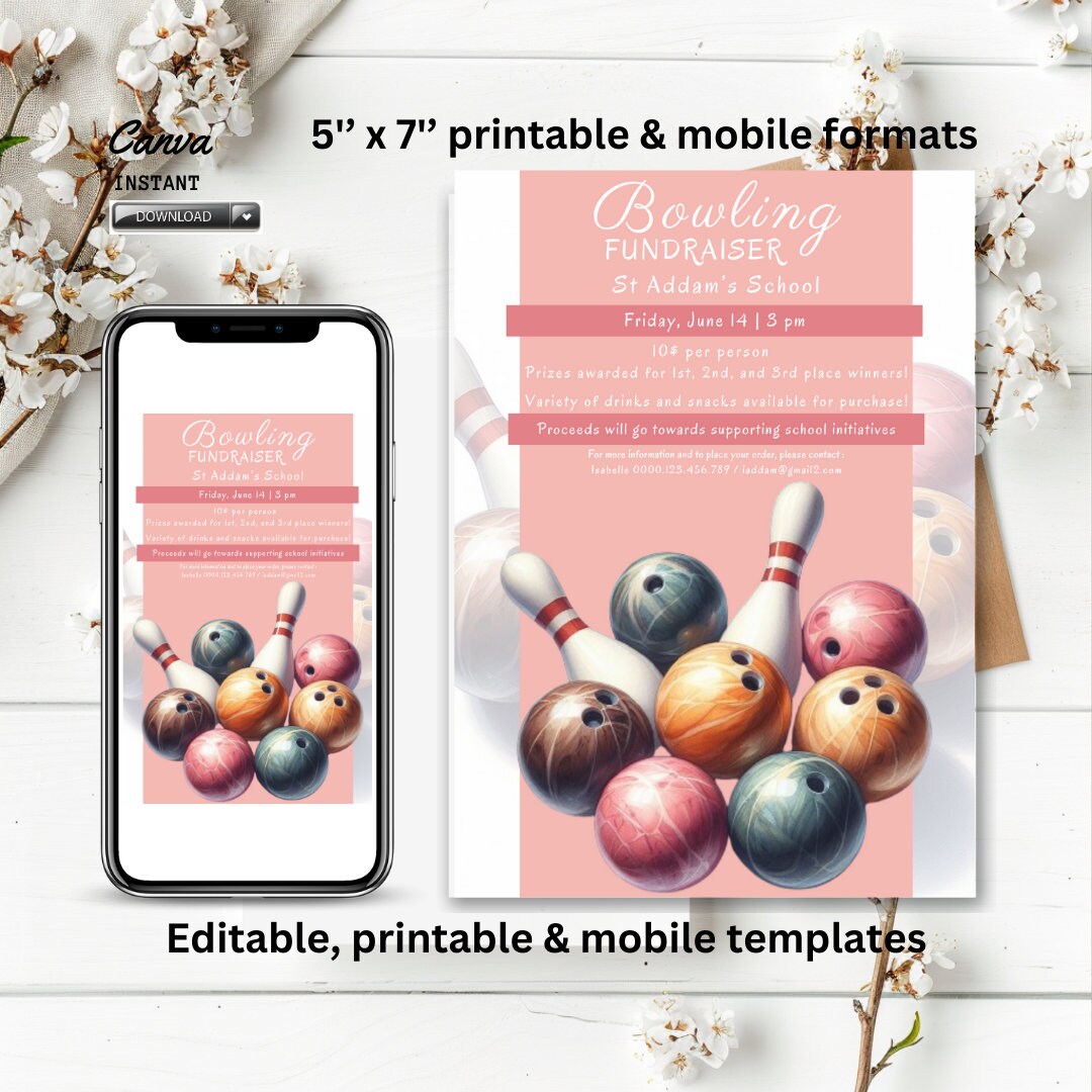 Editable Bowling Fundraiser Flyer, School Event Invite, Game Night ...