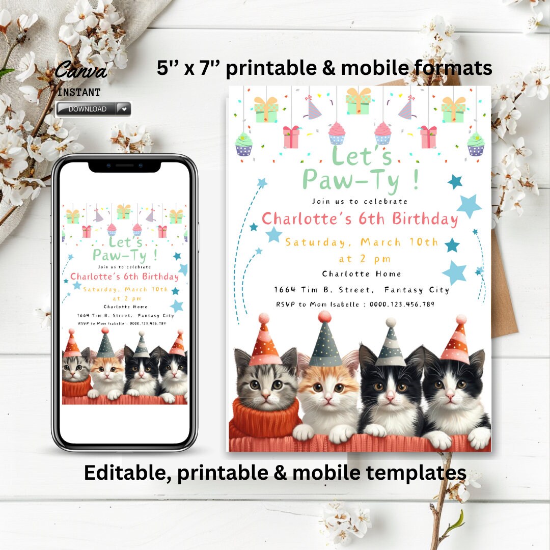 Editable Cat Invitation, Cute Cats Birthday Invite, Kitty Cat Birthday ...