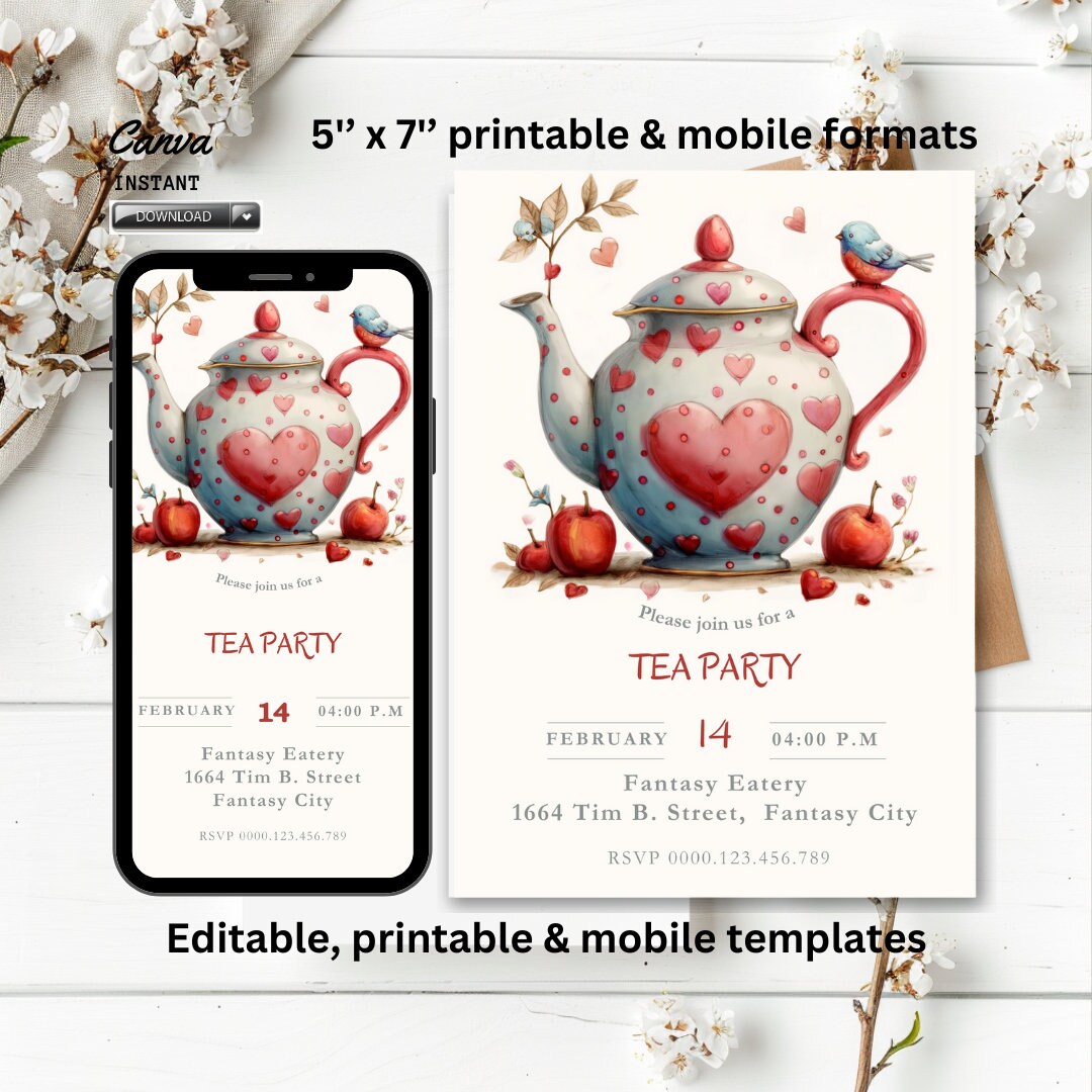Editable Tea Party Invitation Template Teapot Digital Invite, Instant ...