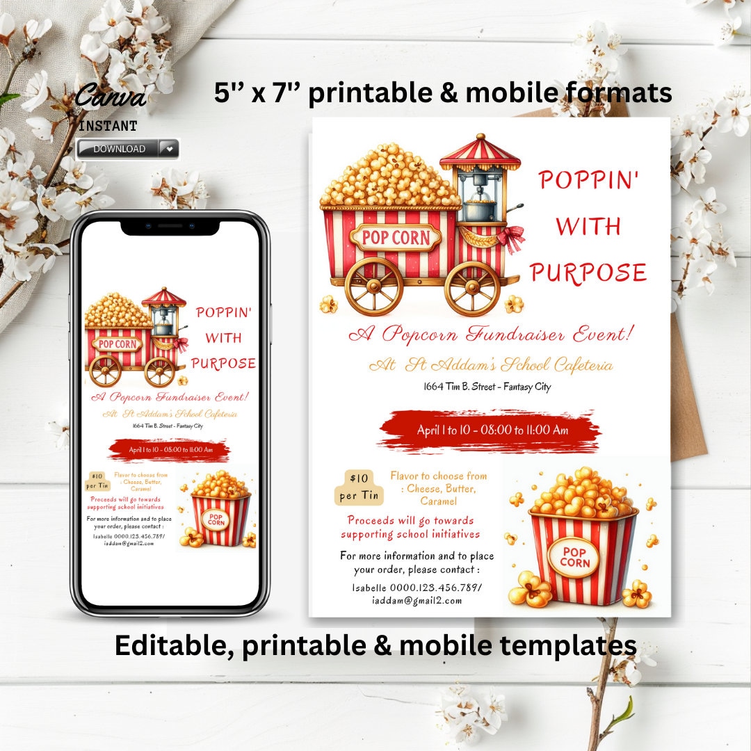 Editable Popcorn Fundraiser Flyer, School Event Invite, Charity Company ...