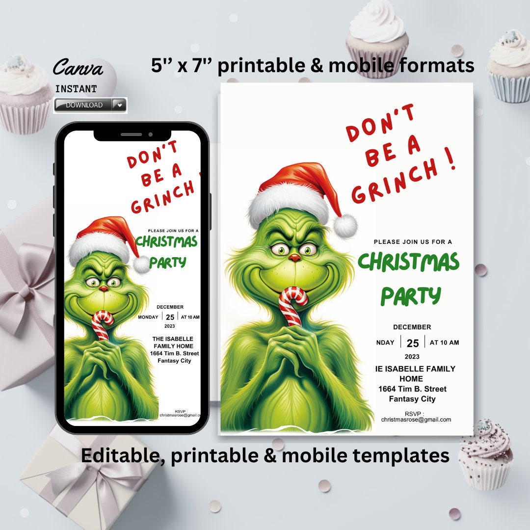 Don't Be a Grinch, Christmas Party Invitation, Christmas Invitate ...