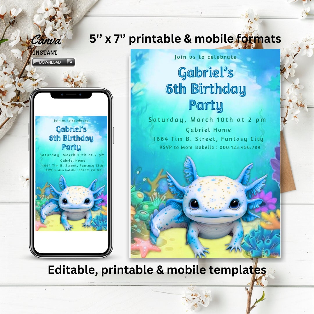 Editable Axolotl Birthday Invitation Template, Axolotl Birthday Invite ...