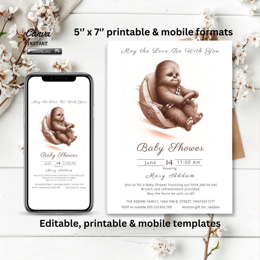 Editable Chewbacca Baby Shower Invitation Template, Star Wars Invite ...