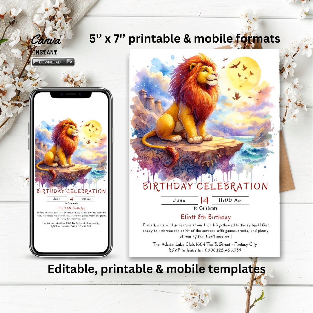 Editable Simba Invitation Template, the Lion King Birthday Party Invite ...