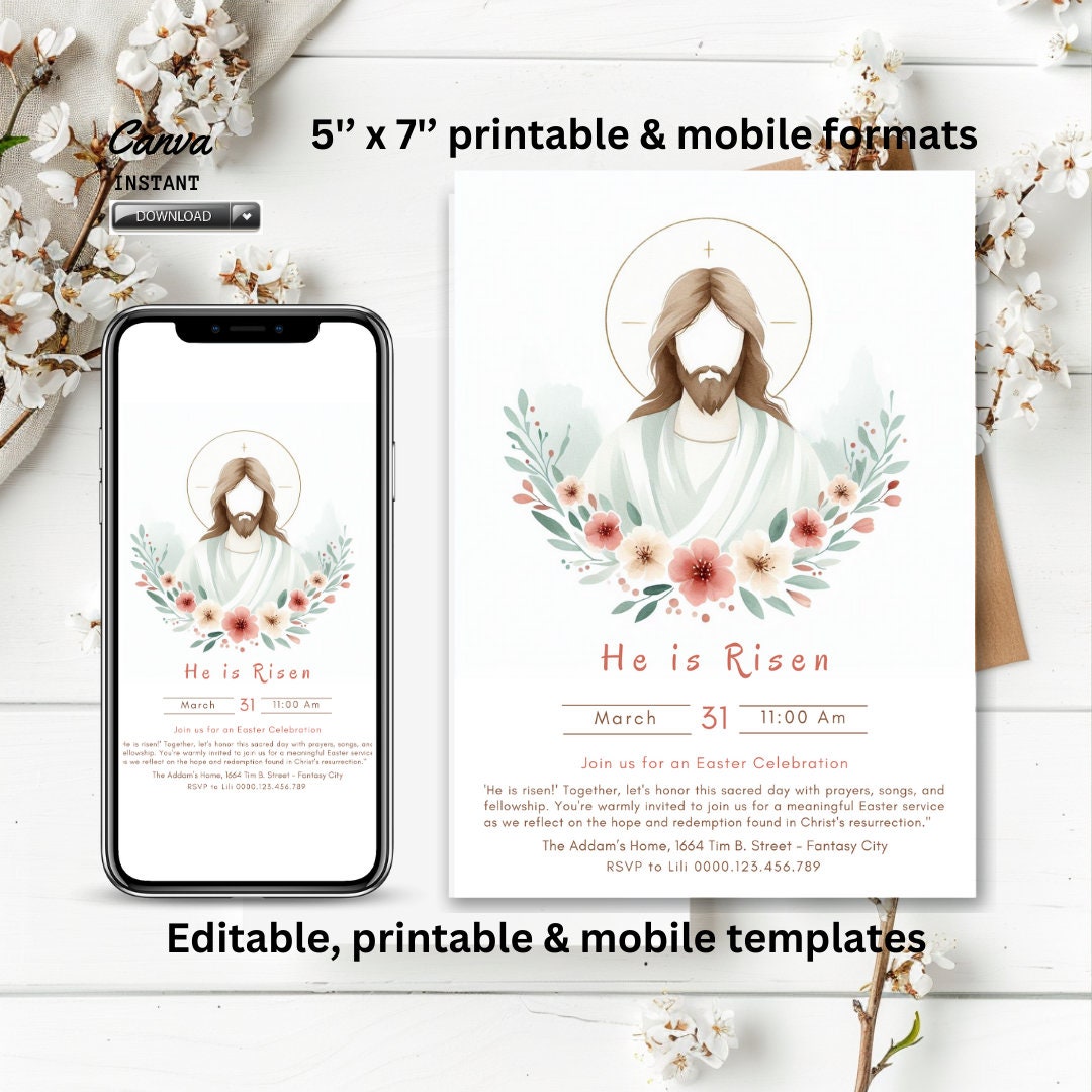 Editable Easter Cross Invitation Template, He is Risen, Religious Party ...