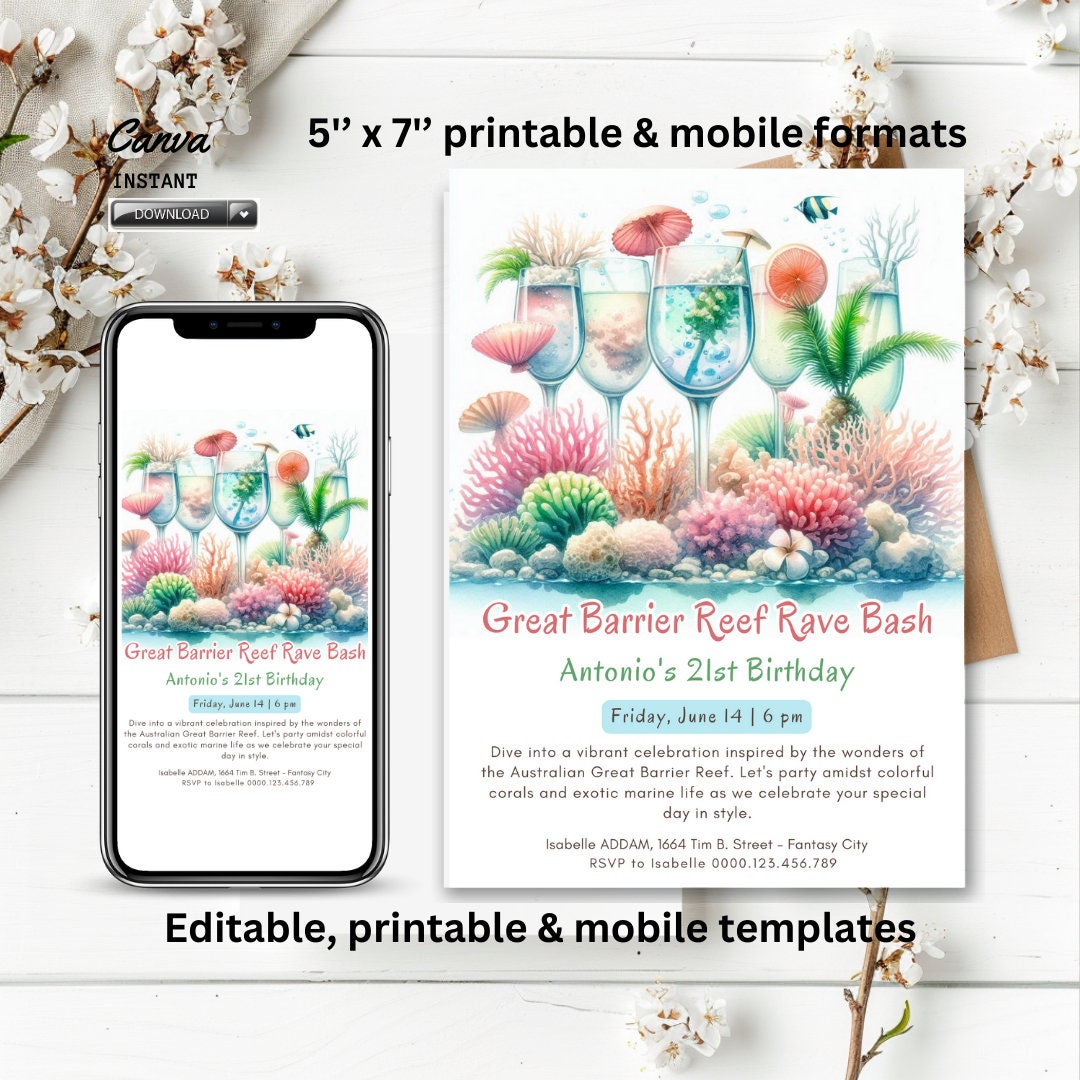 Editable Australian Great Barrier Reef Rave Birthday Party Invitation ...