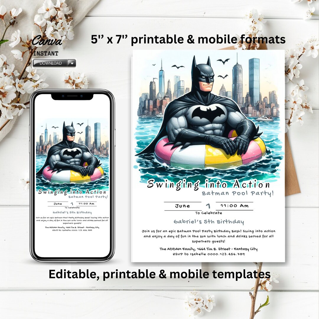 Editable Batman Pool Party Invitation Template, Superhero Birthday ...