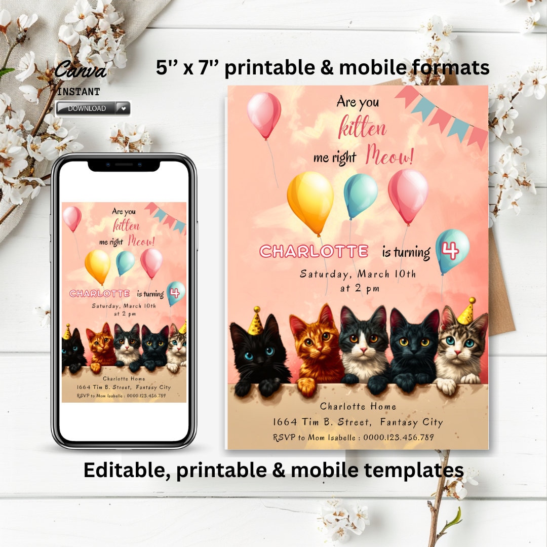 Editable Cat Invitation, Cute Cats Birthday Invite, Kitty Cat Birthday ...