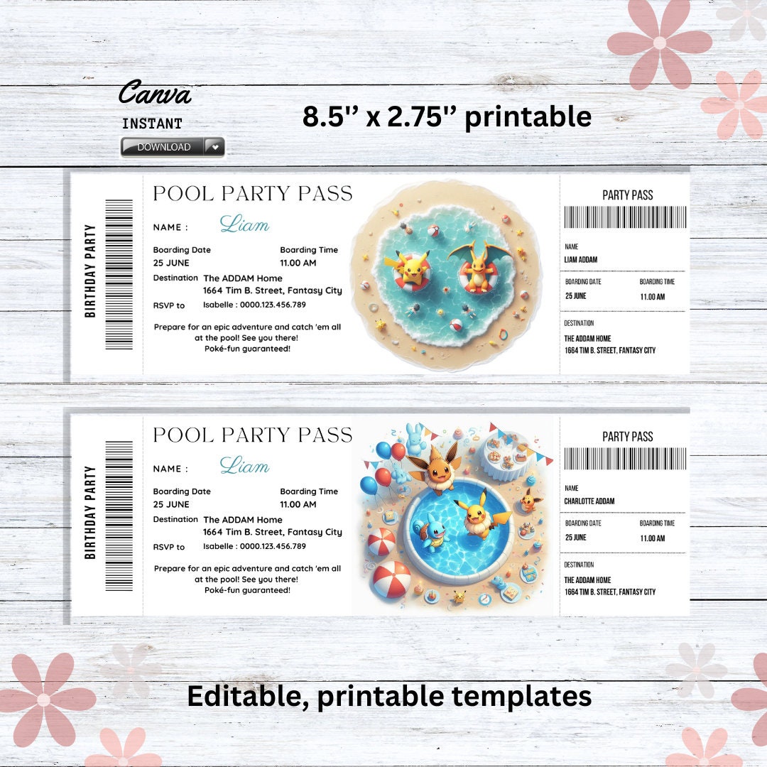 Editable POKEMON Pool Party Pass Ticket Invitation Template, Epic ...