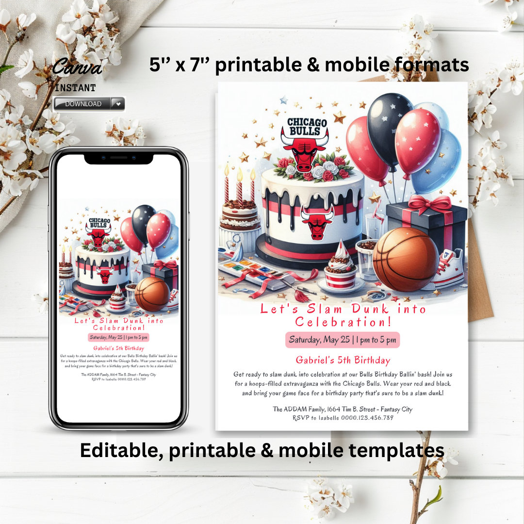 Editable Chicago Bulls Invitation Template, Chicago Bulls Birthday Bash ...