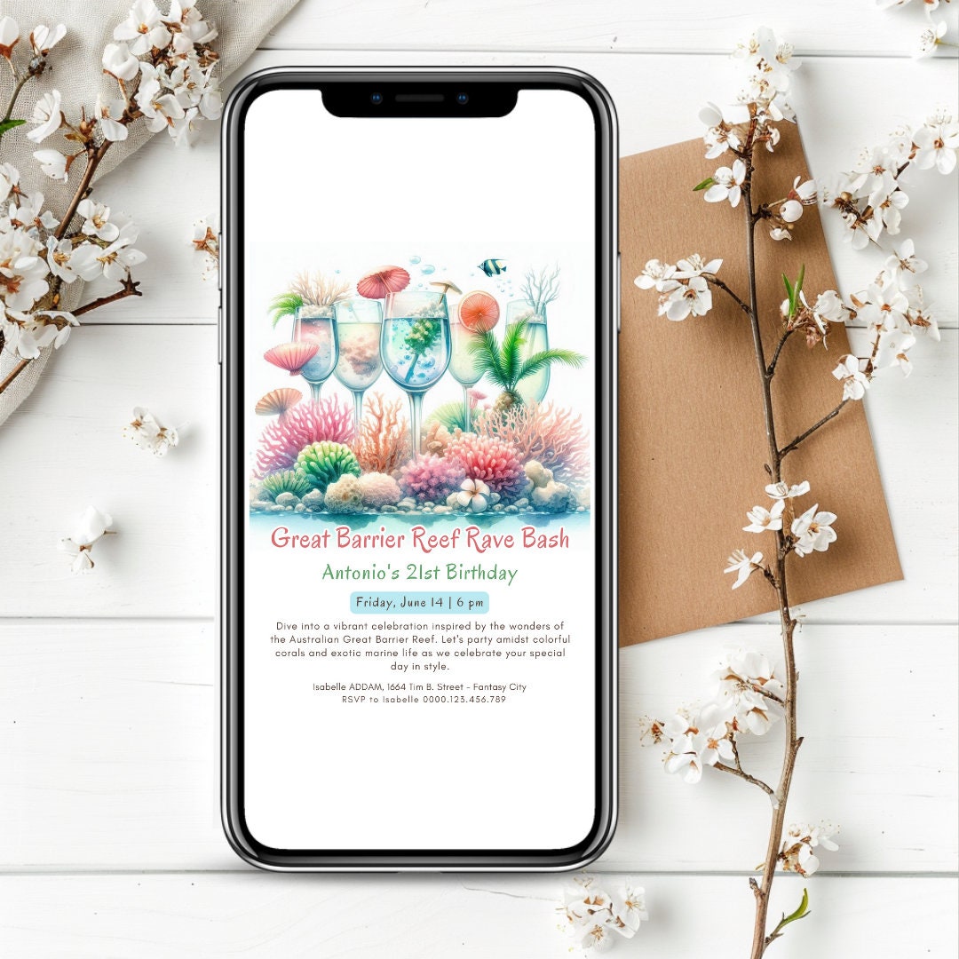 Editable Australian Great Barrier Reef Rave Birthday Party Invitation ...
