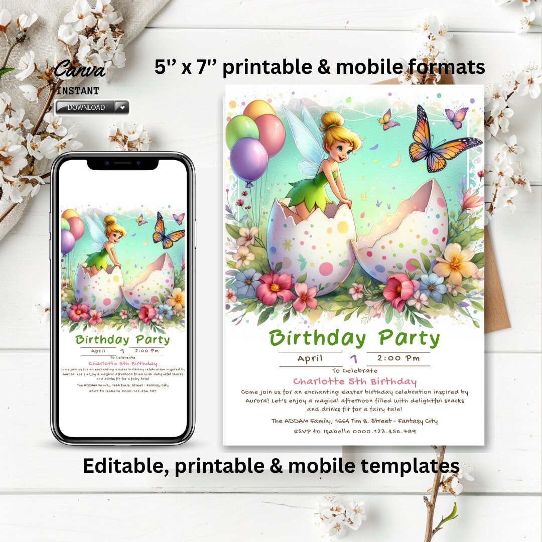 Editable Neverland Adventure Party Invitation Template, Tinkerbell Easter Birthday Party ...
