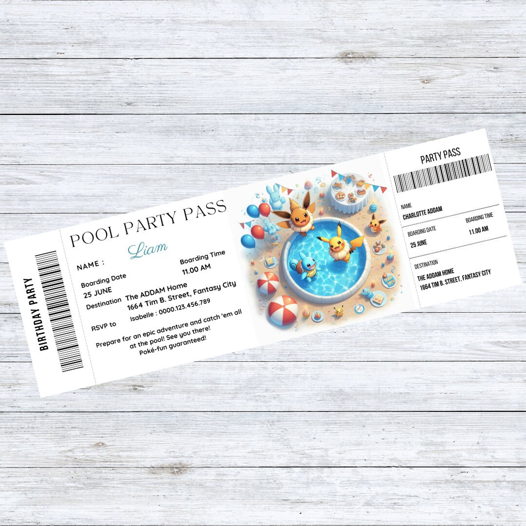 Editable POKEMON Pool Party Pass Ticket Invitation Template, Epic ...