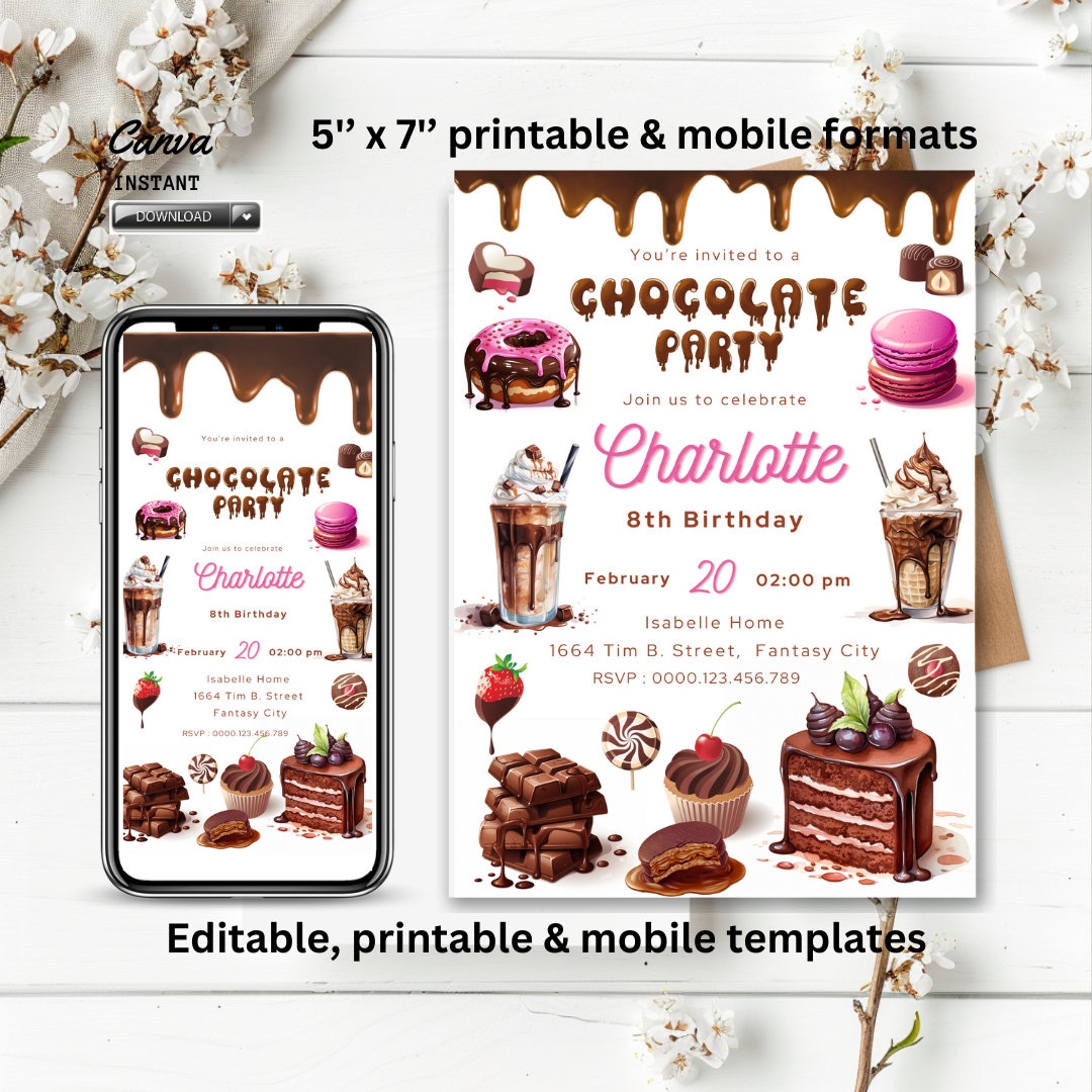 Editable Chocolate Party Invitation, Chocolate Desserts, Birthday ...
