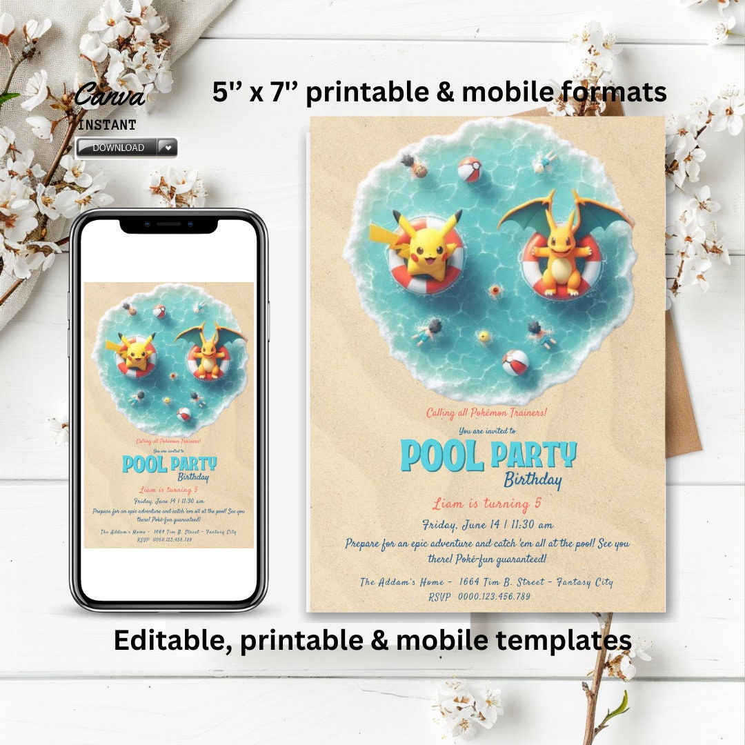 Editable POKEMON Pool Party Invitation Template, Epic Adventure Evite ...
