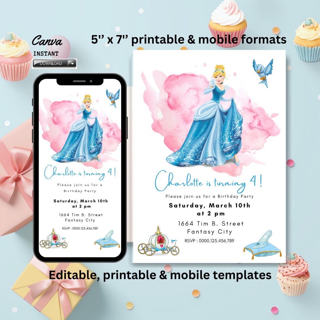 EDITABLE Cinderella Birthday Invitation Template, Printable Royale ...
