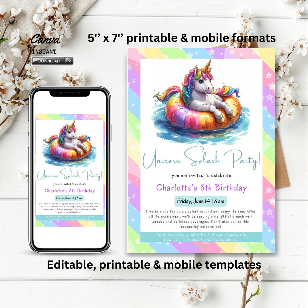 Editable Unicorn Pool Party Invitation Template, Rainbow Unicorn Splash ...