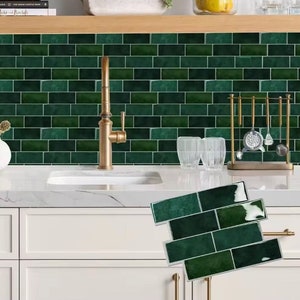 Emerald Green 3D Subway Tile Stickers: Kitchen & Bath Backsplash (10 ...