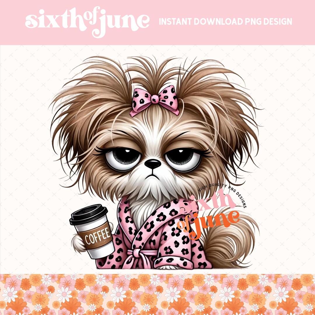 Cute Grumpy Dog With Coffee PNG, Leopard Print Bow Sublimation Design ...