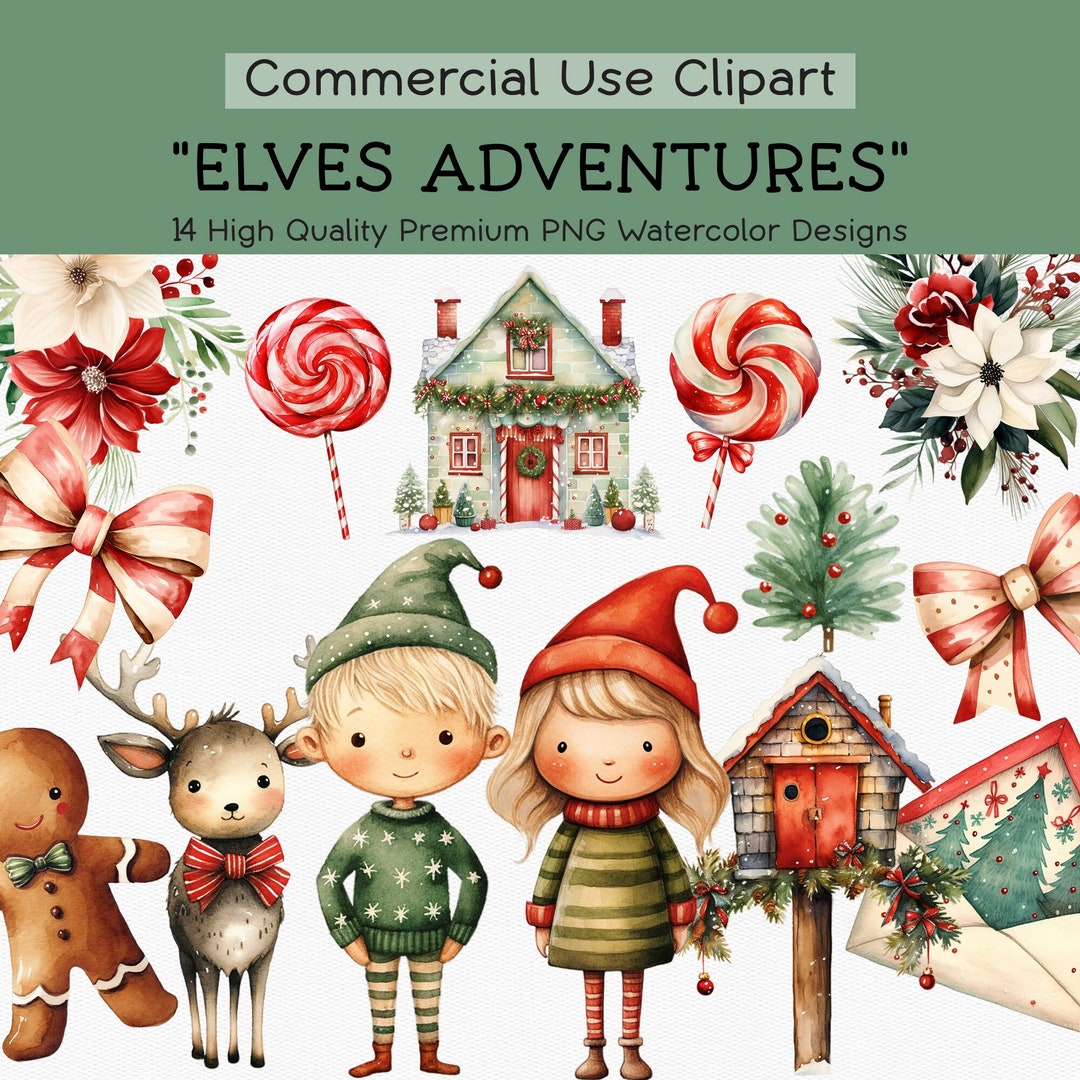 Cute Elf Clipart Pack, Christmas Elf Watercolor Clipart, Reindeer ...
