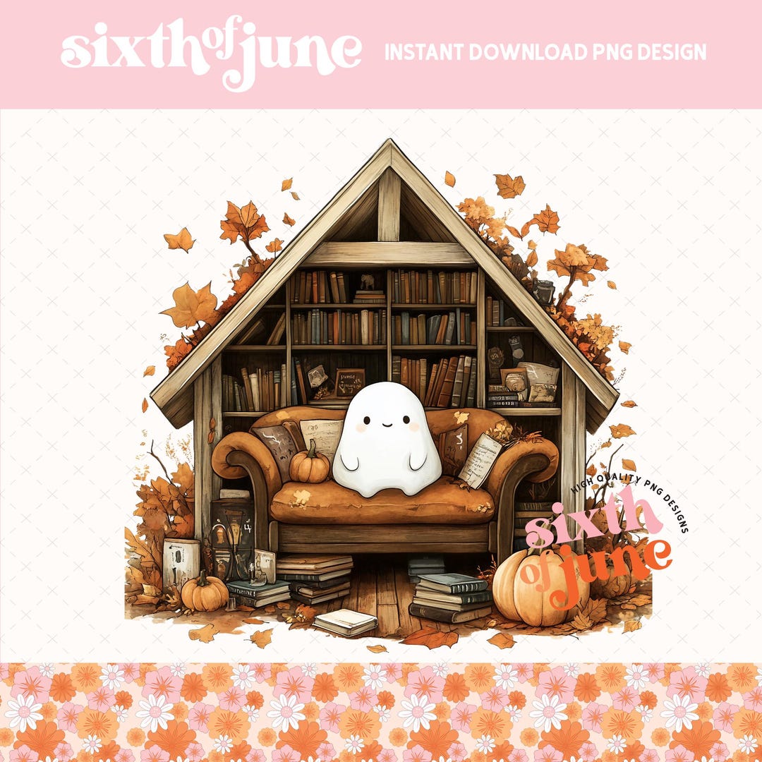 Cute Ghost Library Fall Book Nook PNG, Cozy Autumn Ghost Sublimation ...