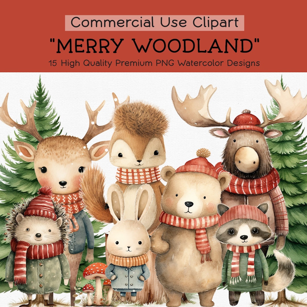 Woodland Animals Christmas Clipart Bundle, Winter Woodland Watercolor ...